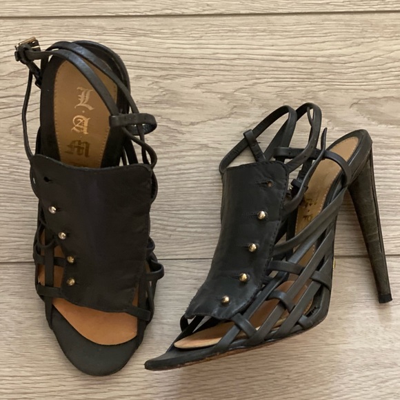 L.A.M.B. | Shoes | Lamb Strappy Charcoal Gray Studded Open Toe High ...